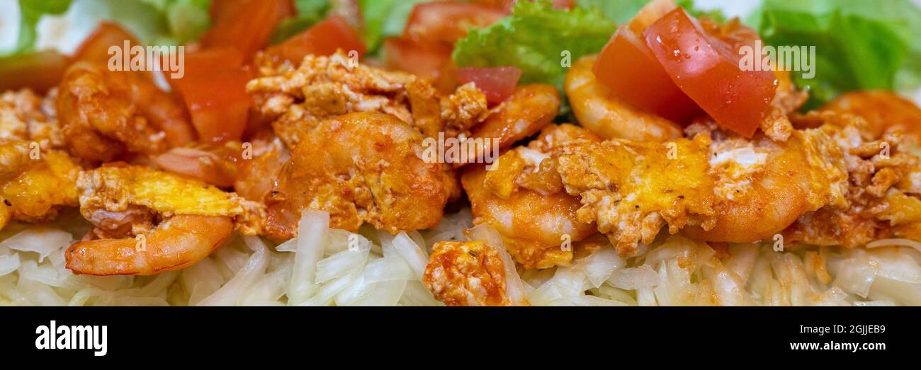 cooking homemade fast food roll close up. cabbage, fried shrimp and ...