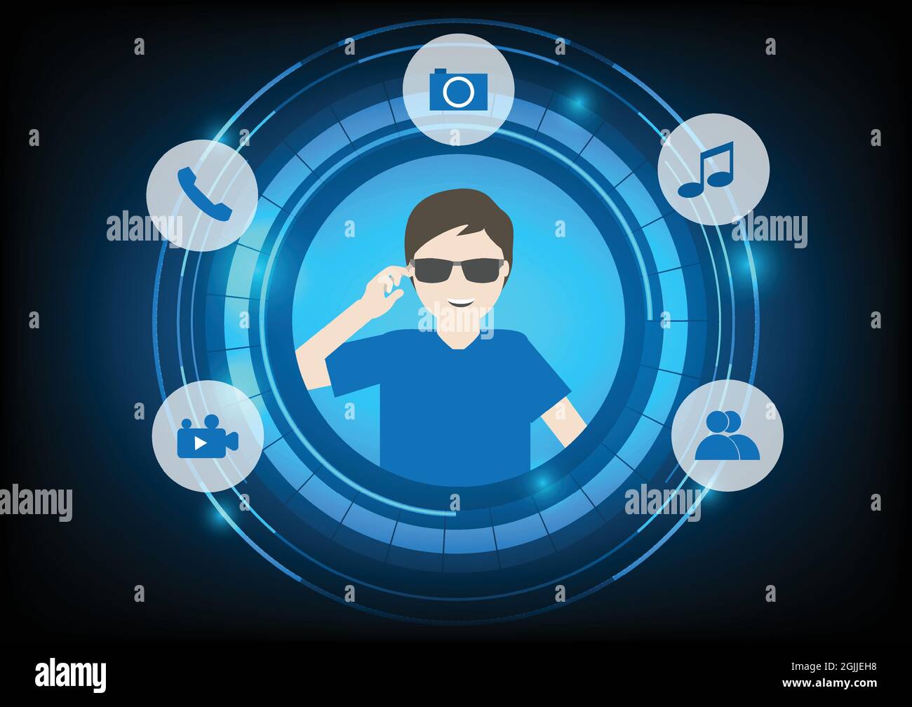 Smart glasses technology on futurist background. Man wearing eyeglasses ...
