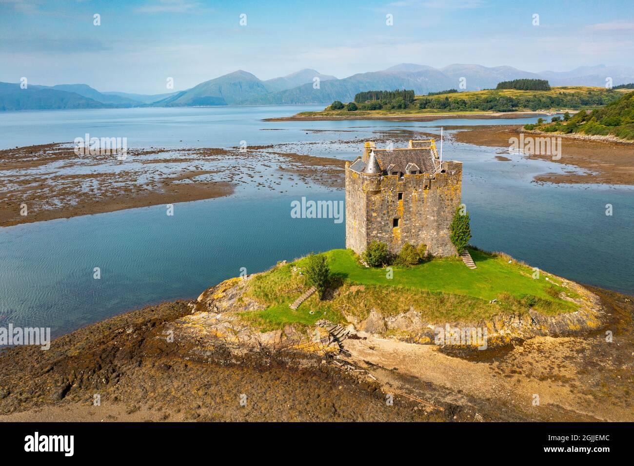 Aerial view from drone of Castle Stalker, on Loch Laich in Lynn of Lorn ...