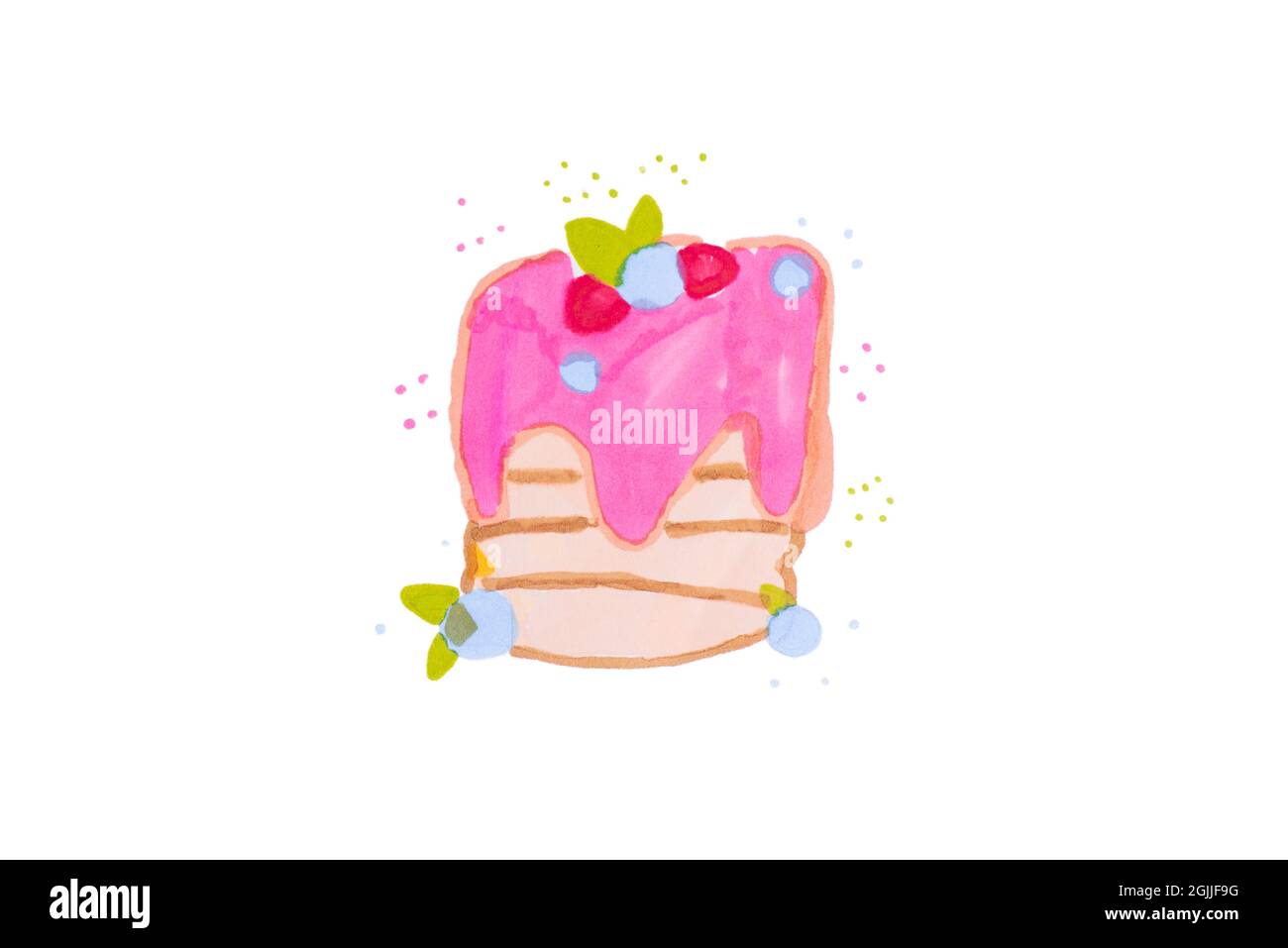 Child's drawing of a birthday cake, pastry with cream on a white ...
