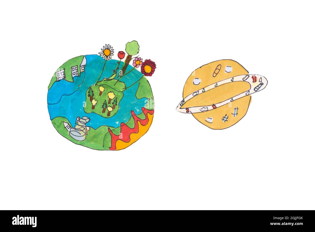 The concept of the world.Children's drawing of the planets on a white ...