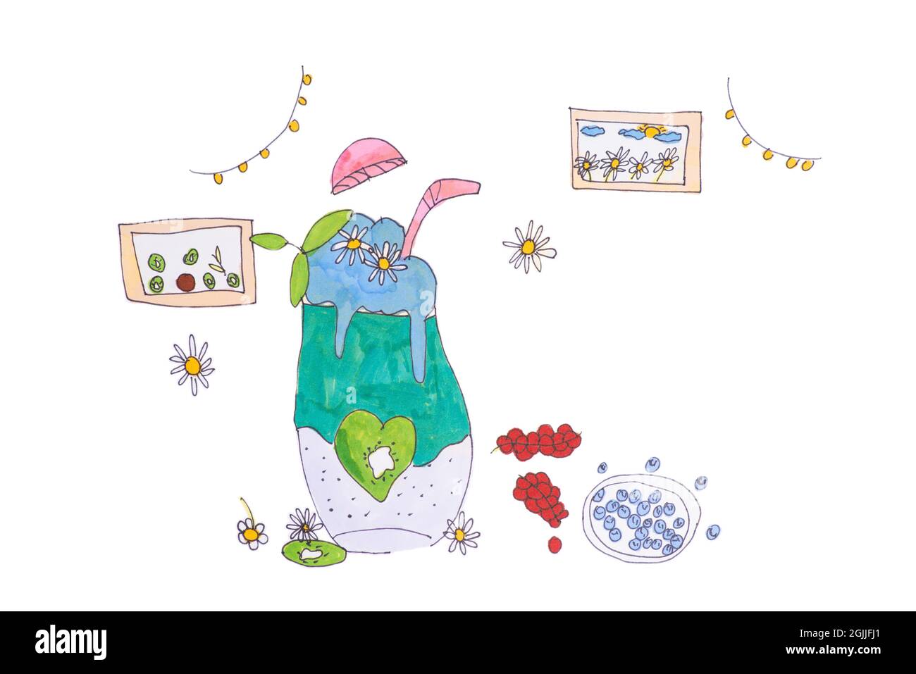 Artwork on white paper .Child's drawing cocktail with berries on a ...
