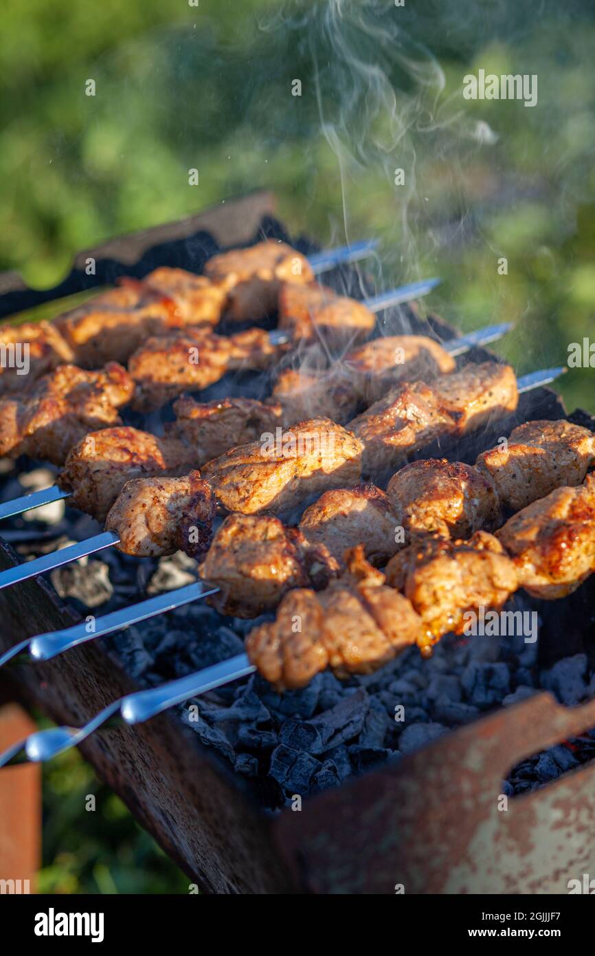 A lot of juicy meat kebabs in a row on the grill. Meat pieces strung on ...