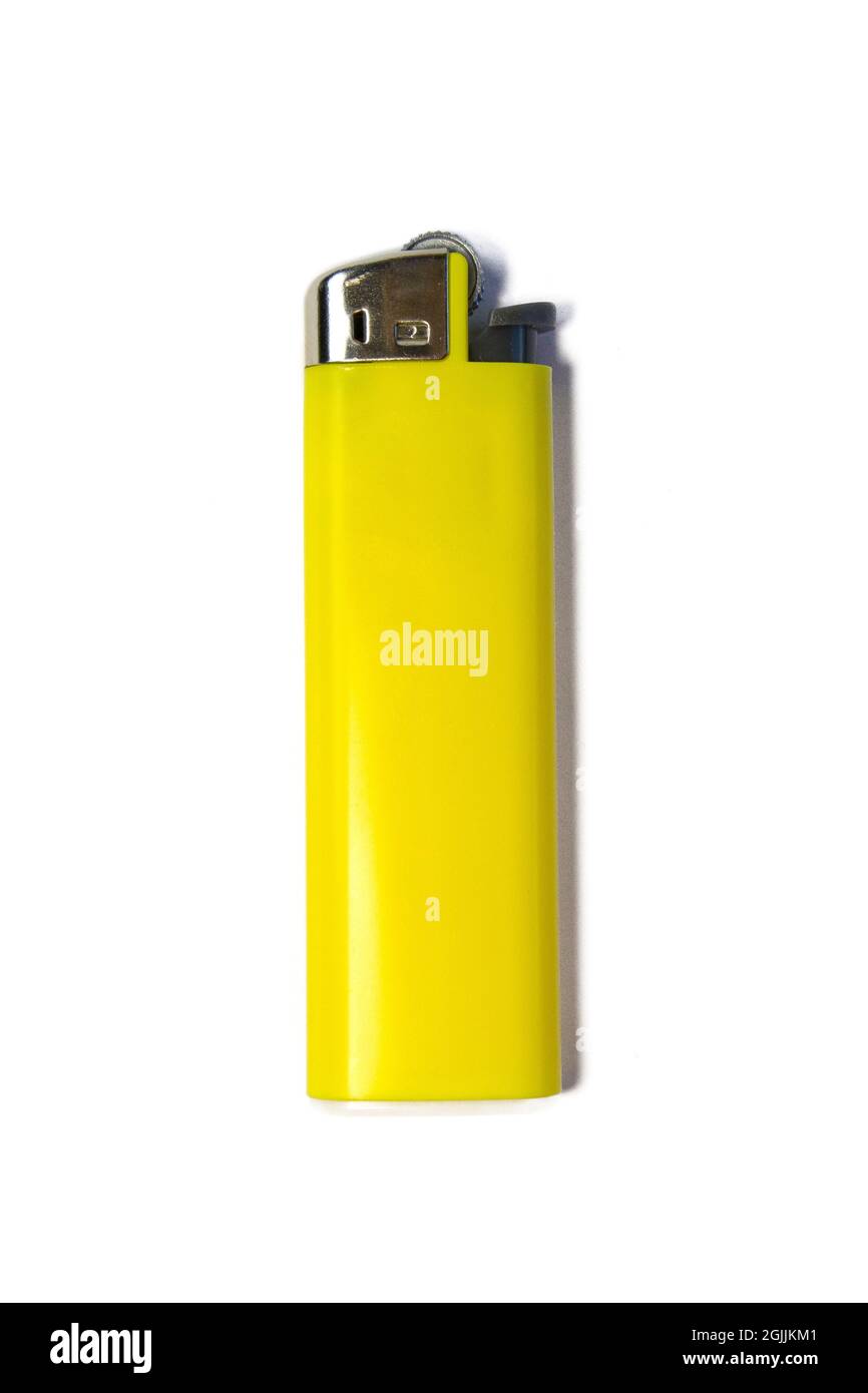 Bright yellow cigarette lighter isolated on white background, with ...