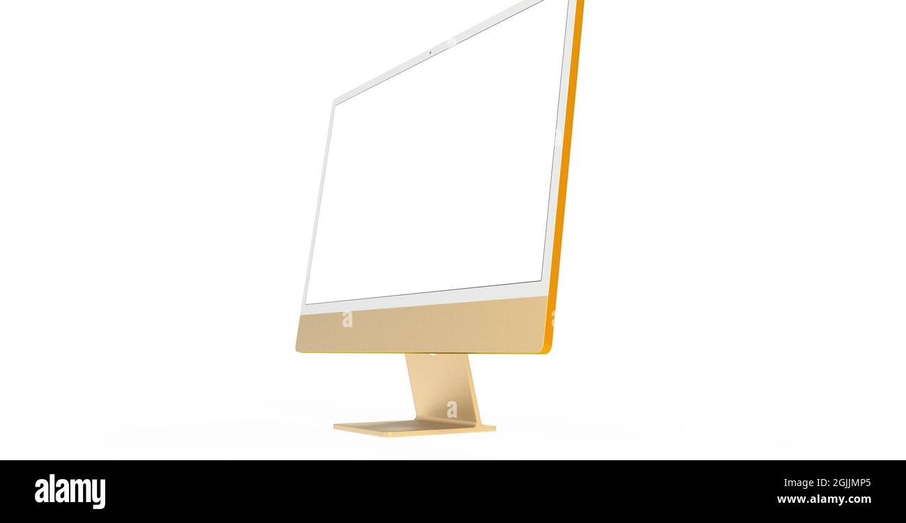 3D rendering of a yellow computer monitor with copy space isolated on ...
