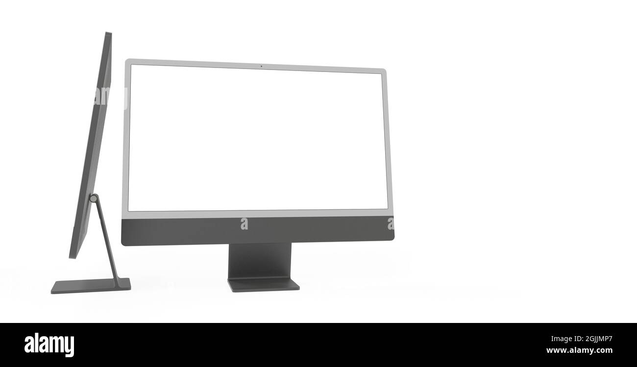 3D rendering of computer monitors with copy space isolated on white ...