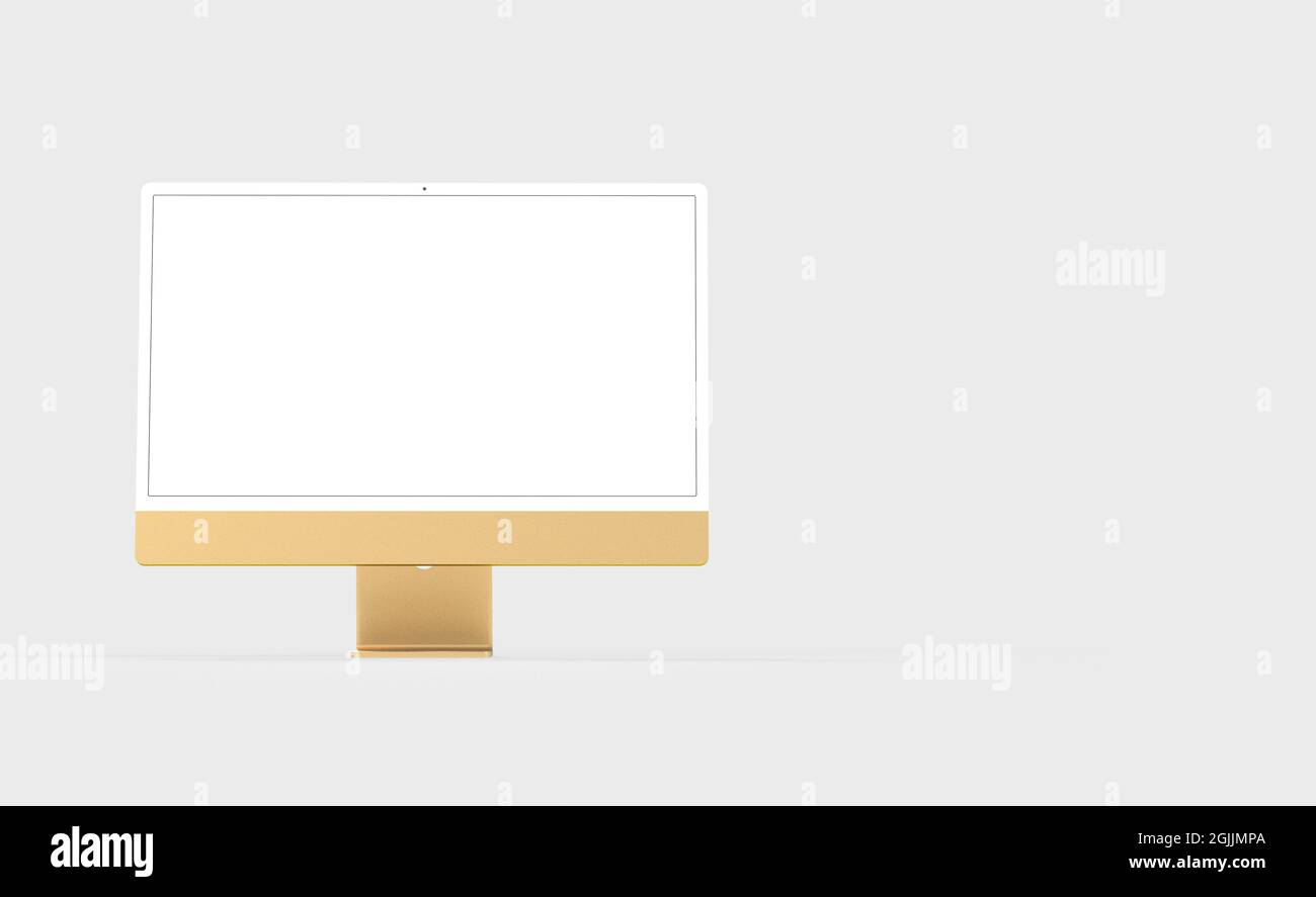 3D rendering of a yellow computer monitor with copy space isolated on ...