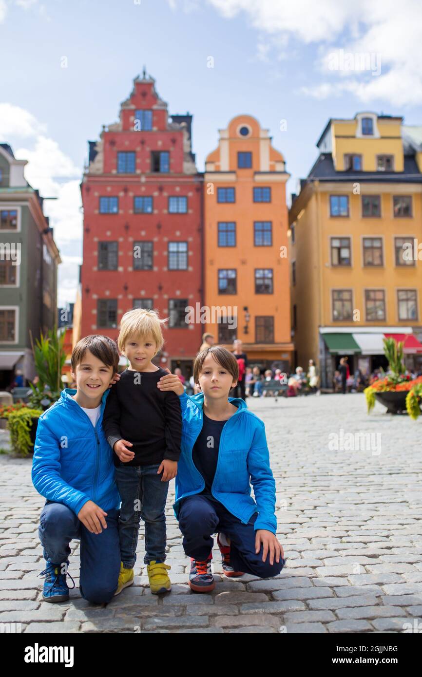 Young preschool child, visiting city of Stockholm with his family ...