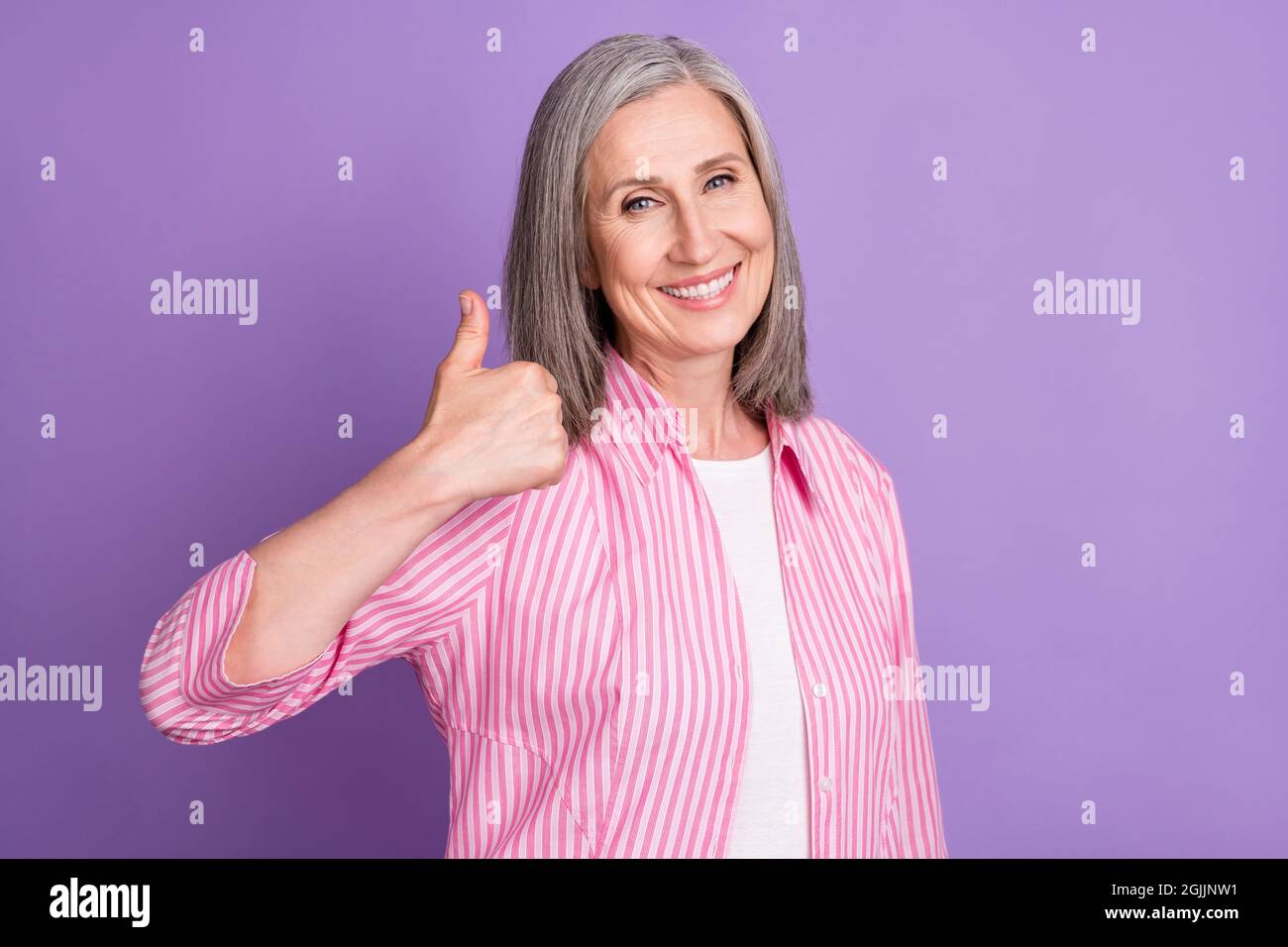 Photo of aged business woman happy positive smile show thumb-up cool ...