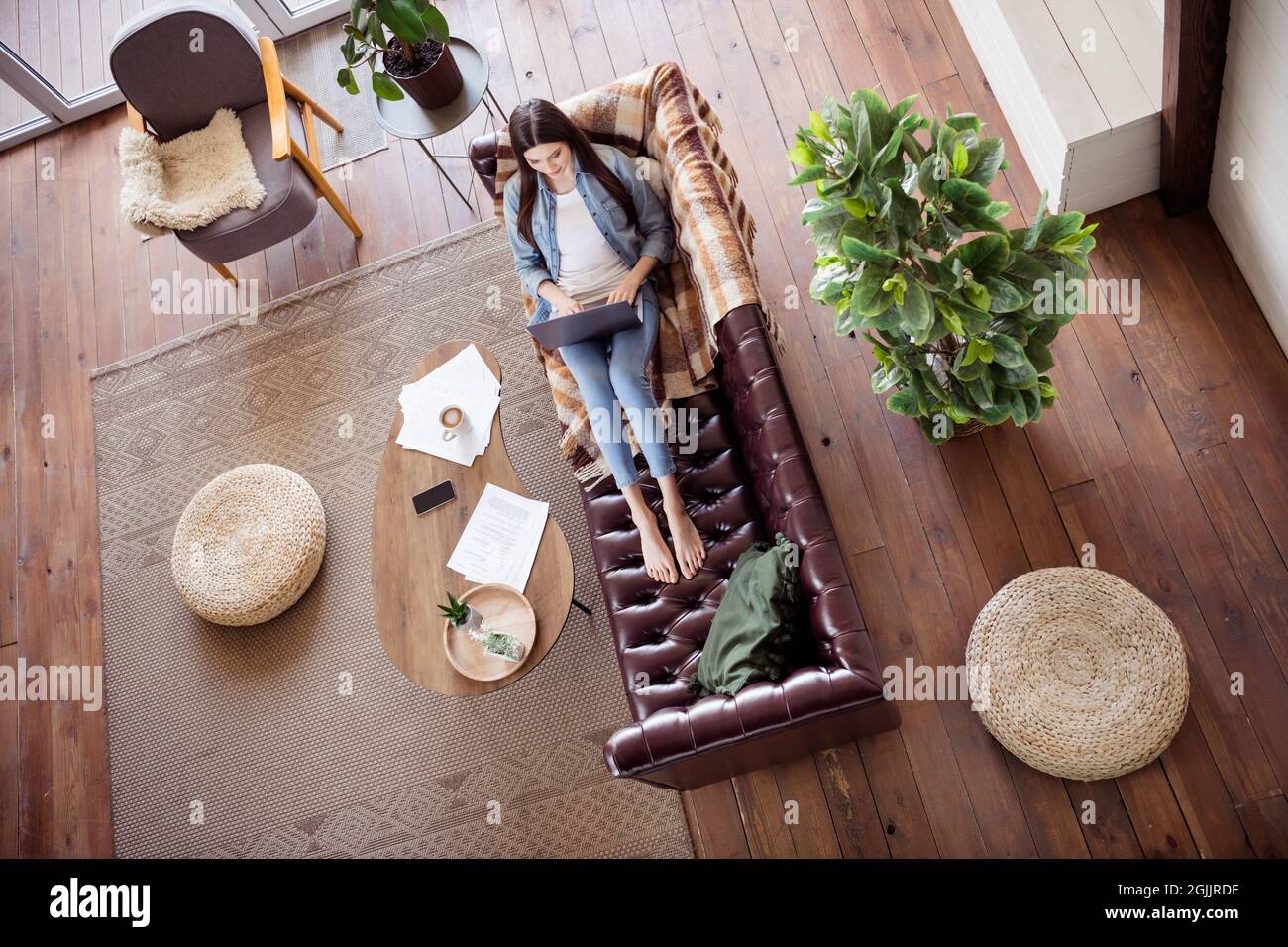 Top above high angle view full body photo of nice woman lie sofa work ...