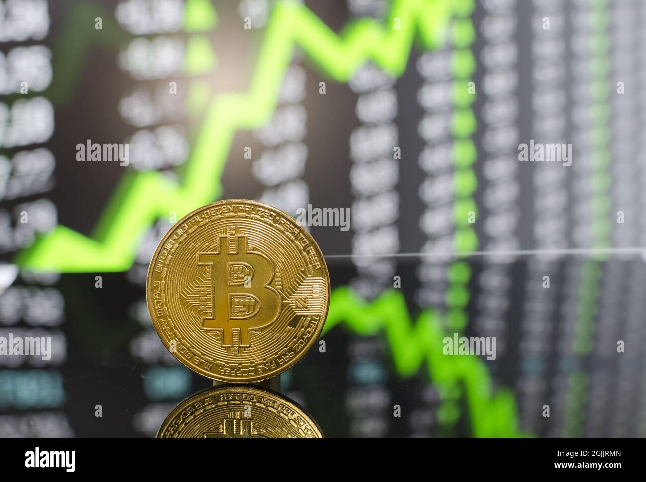 Illustration of a bitcoin with reflection on the surface with green ...