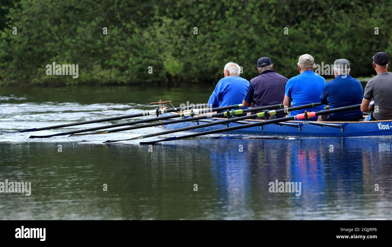 Group of tourists rowing canoe in the calm lake Stock Photo - Alamy
