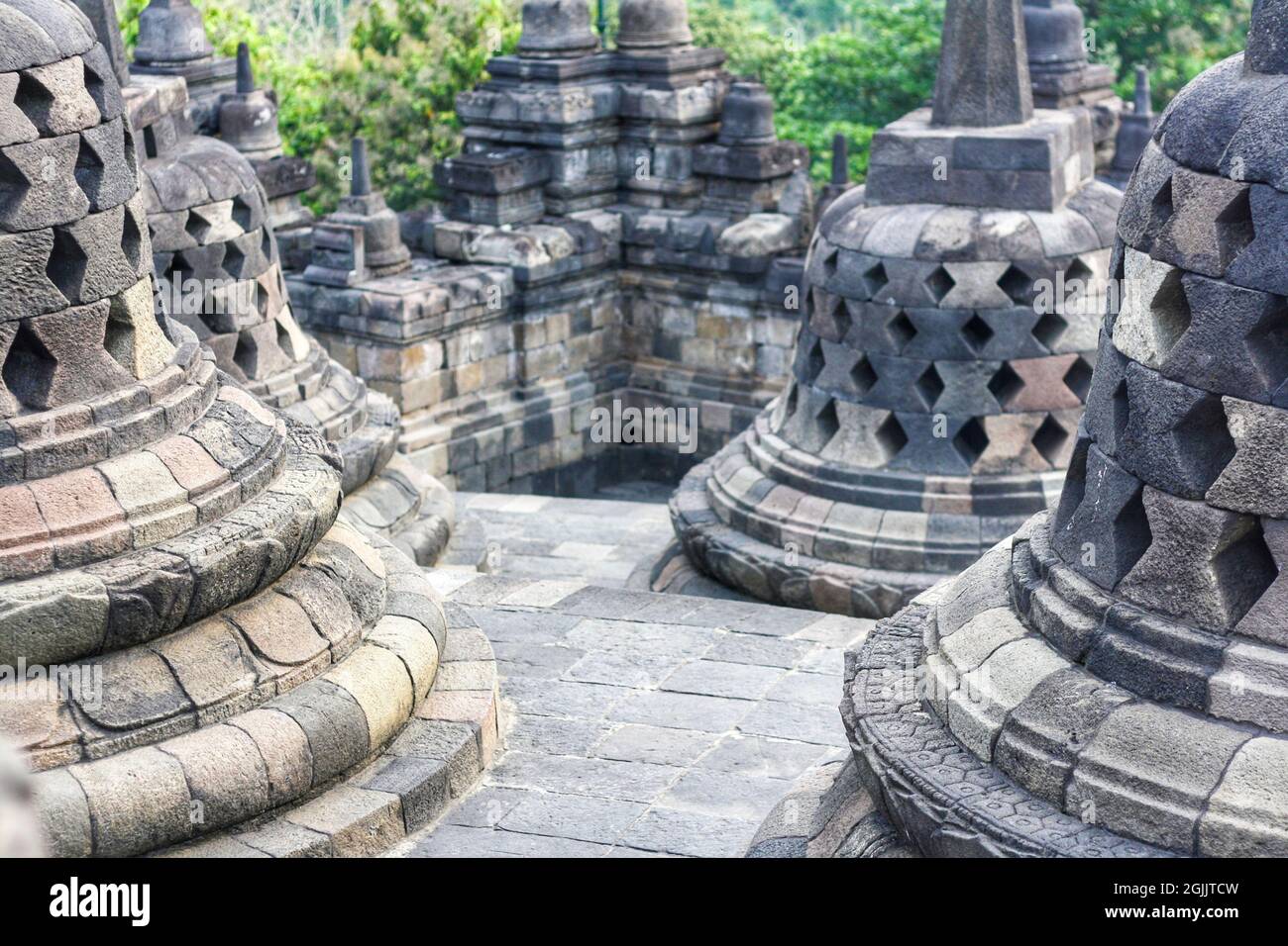 Interior of ancient Borobudur Temple with stupas on upper terrace ...