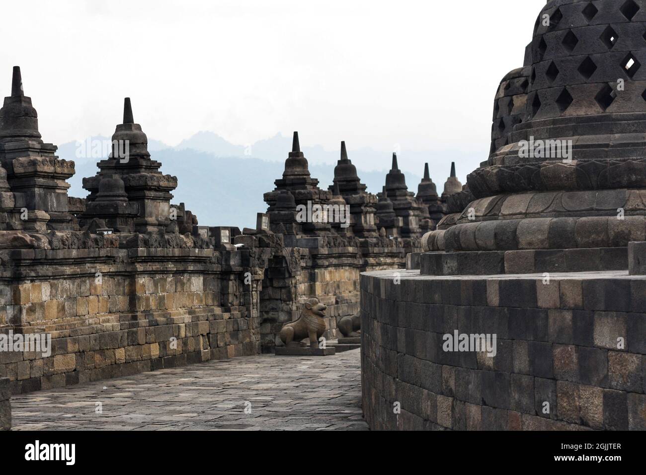 Interior of ancient Borobudur Temple with empty corridor on upper ...