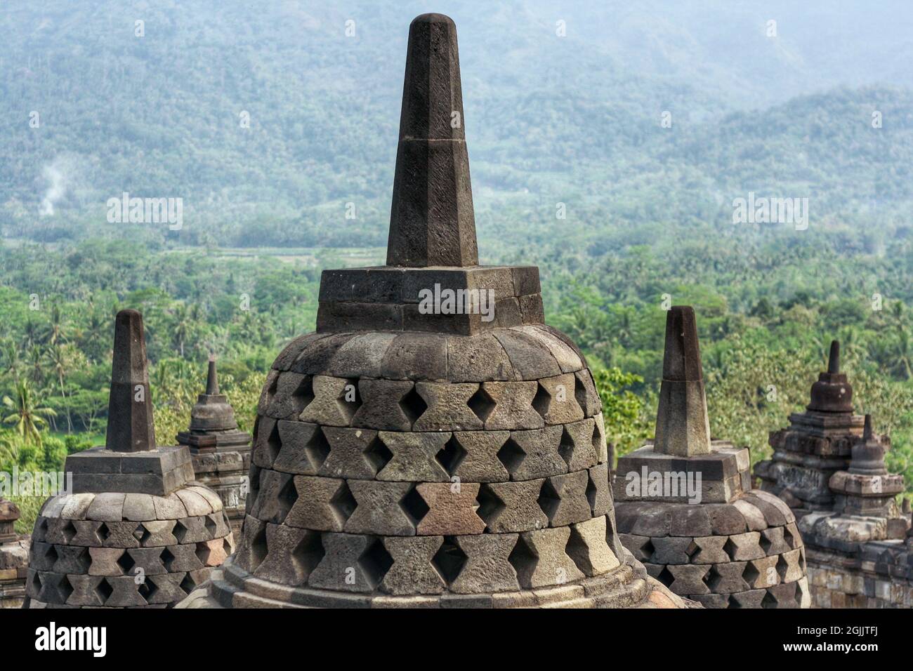 Interior of ancient Borobudur Temple upper terrace with stupas ...
