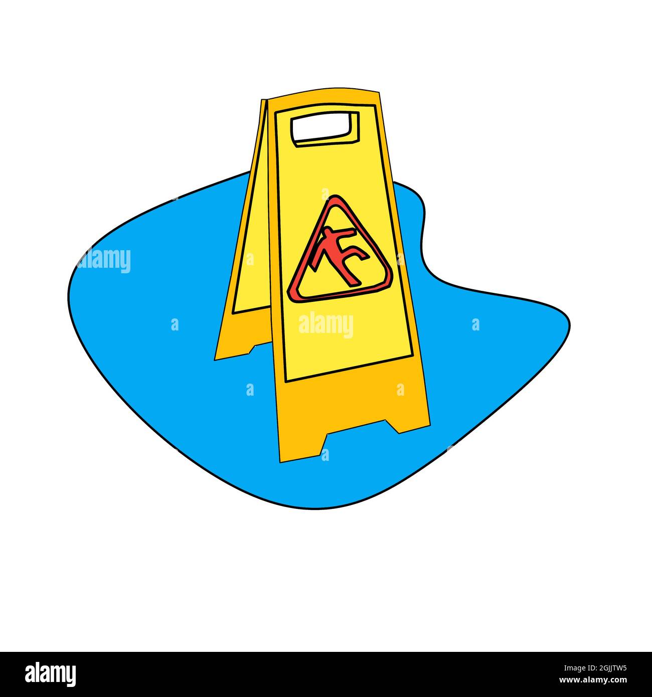 a sign of caution there is a puddle of water, be careful slipping Stock ...