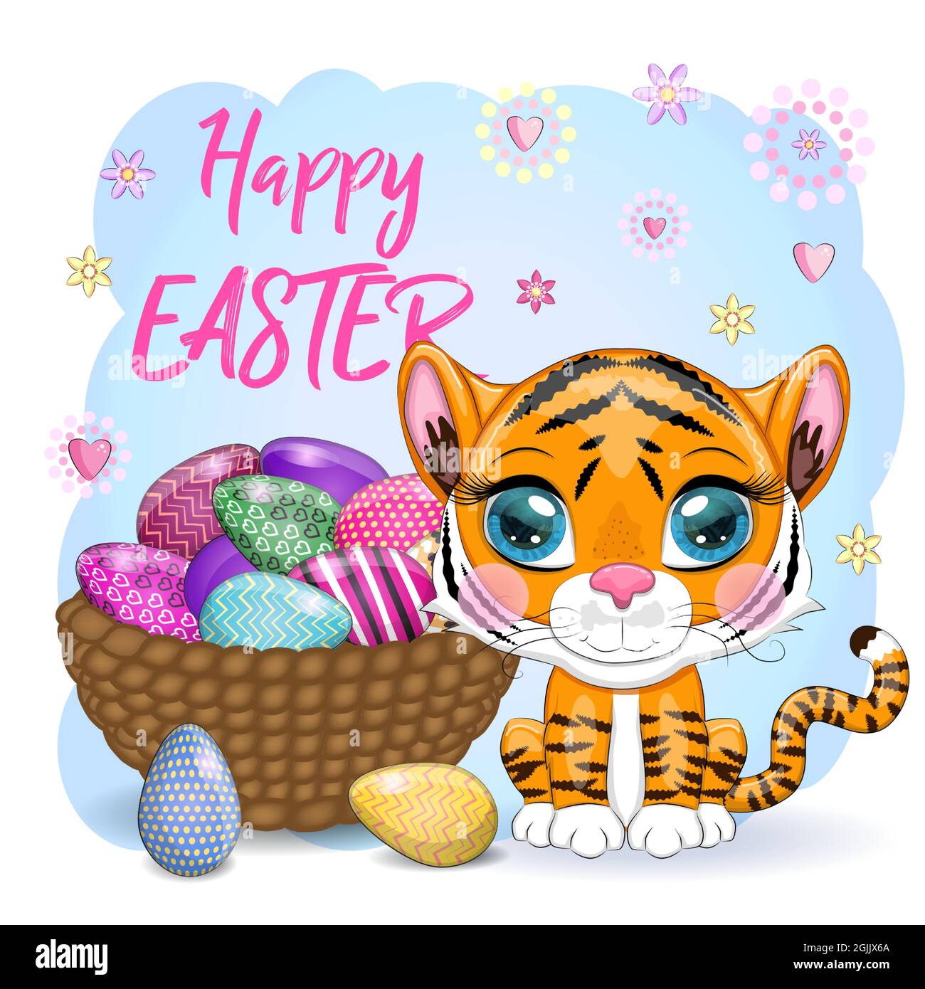 Cartoon tiger with Easter egg. Easter 2022, April. greeting card ...