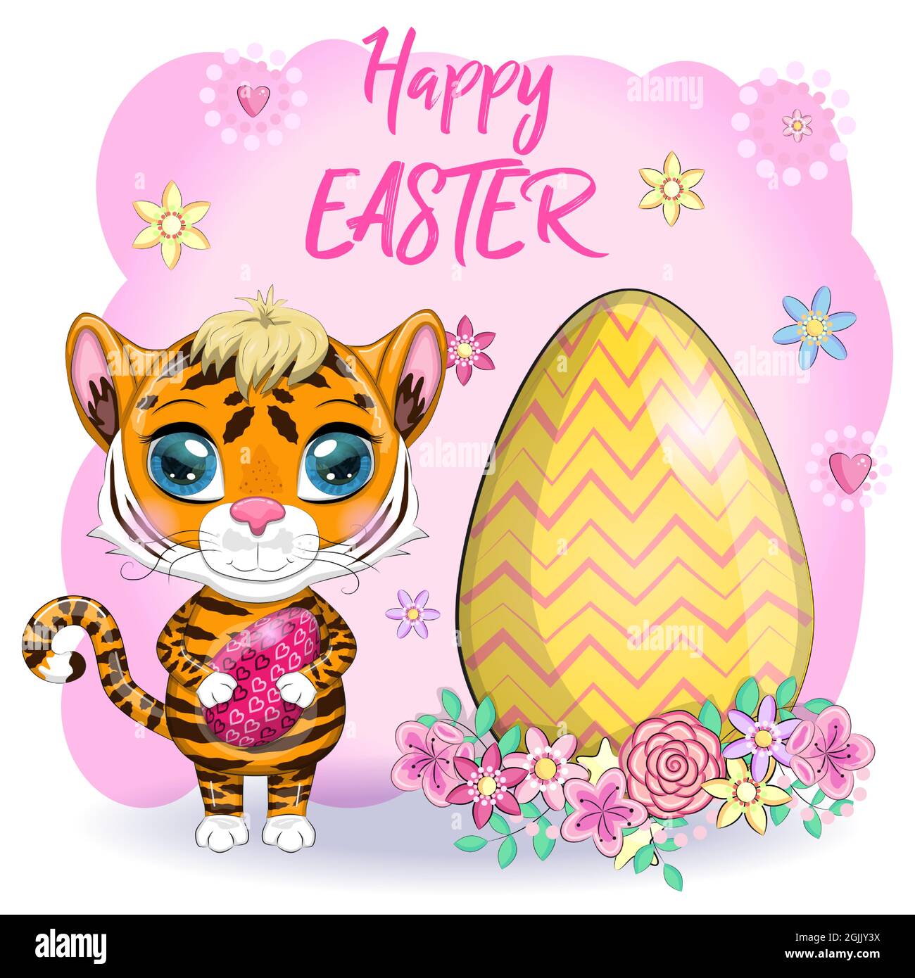 Cartoon tiger with Easter egg as Easter bunny. Easter 2022, April ...