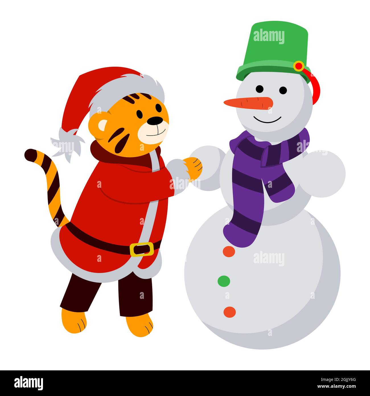 cartoon illustration for children. a tiger in a Santa costume makes a ...
