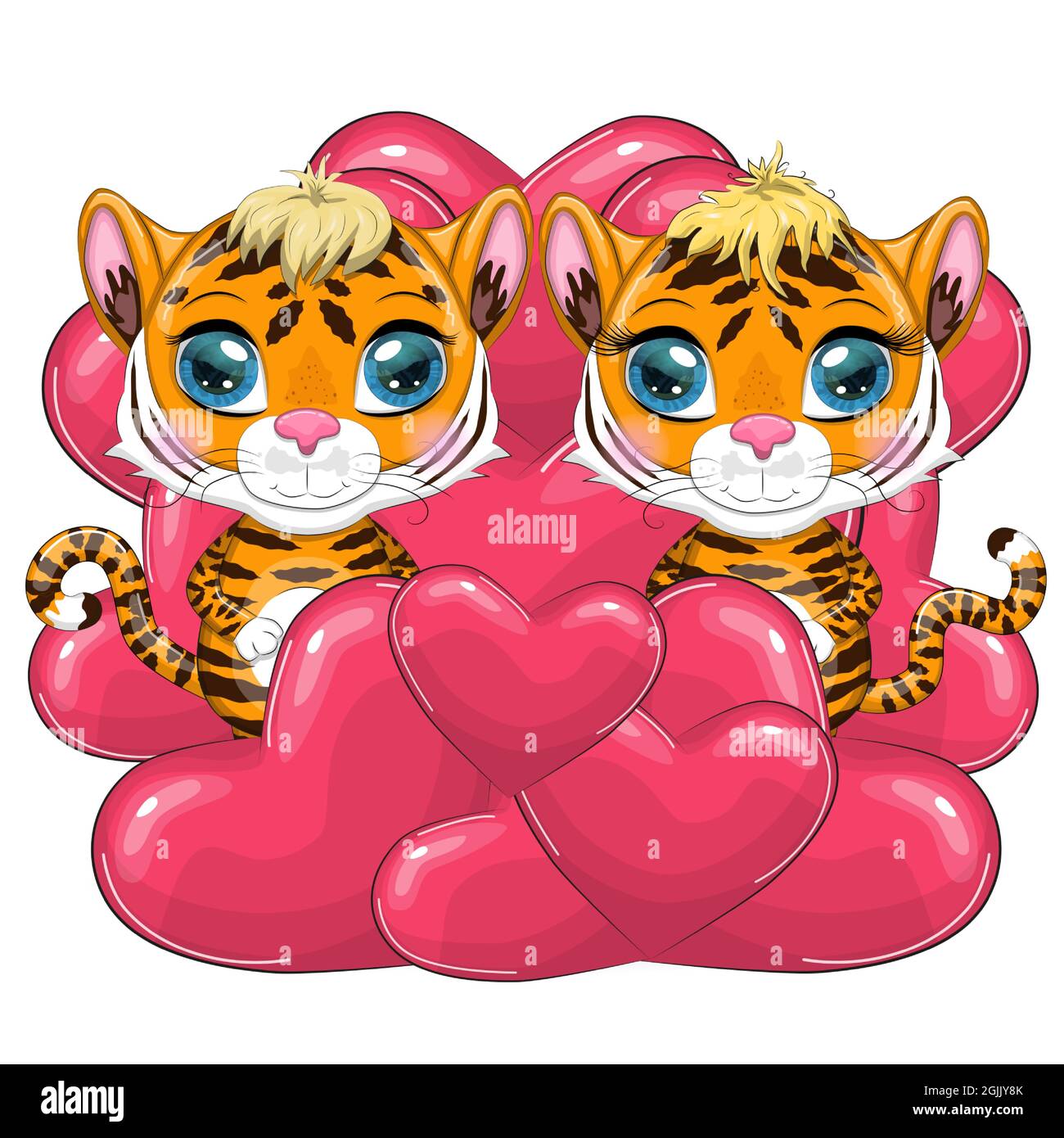 Two cute Tigers on a background of heart, love, valentines day concept ...
