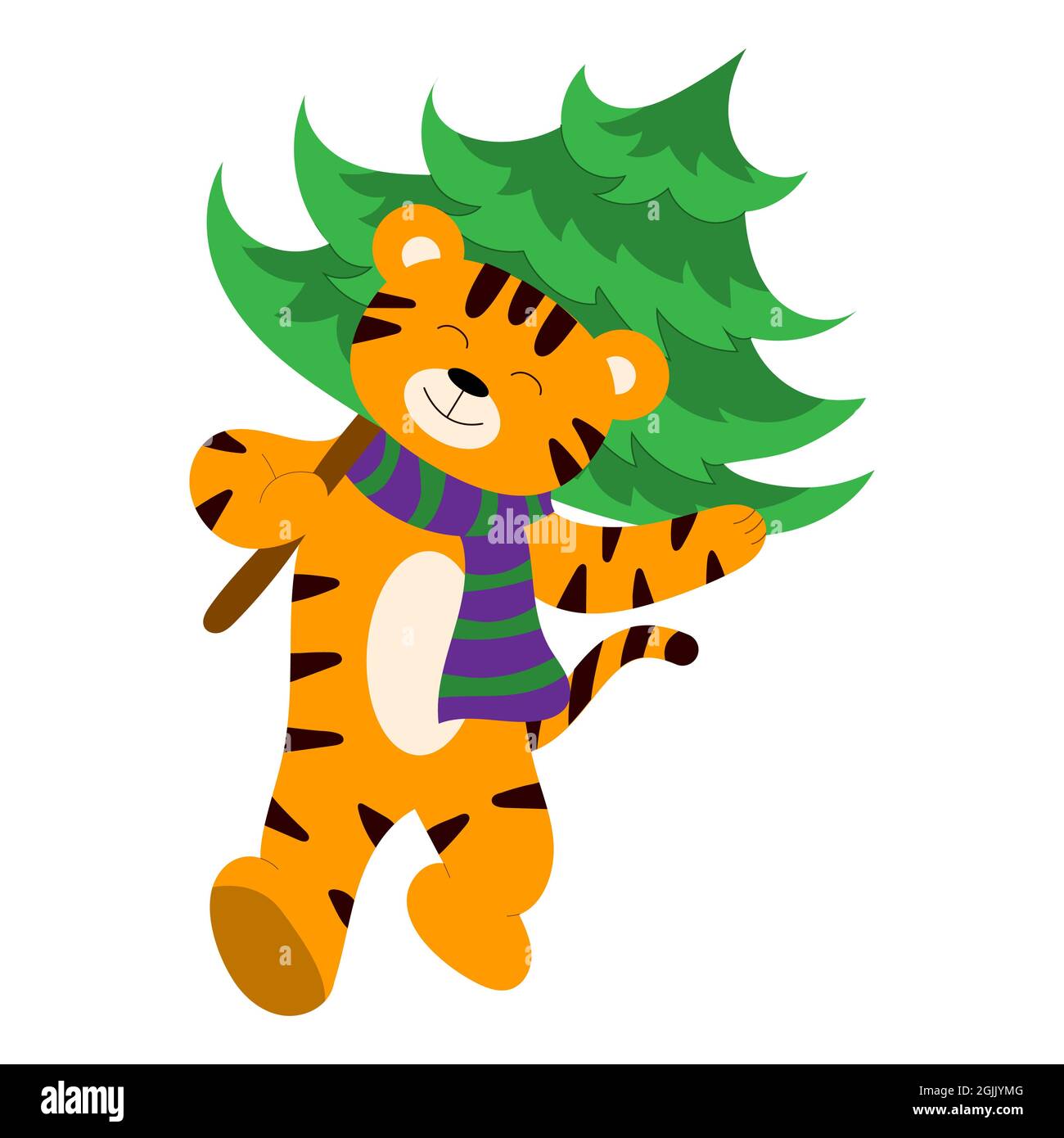 cartoon illustration for children. a tiger carries a Christmas tree ...