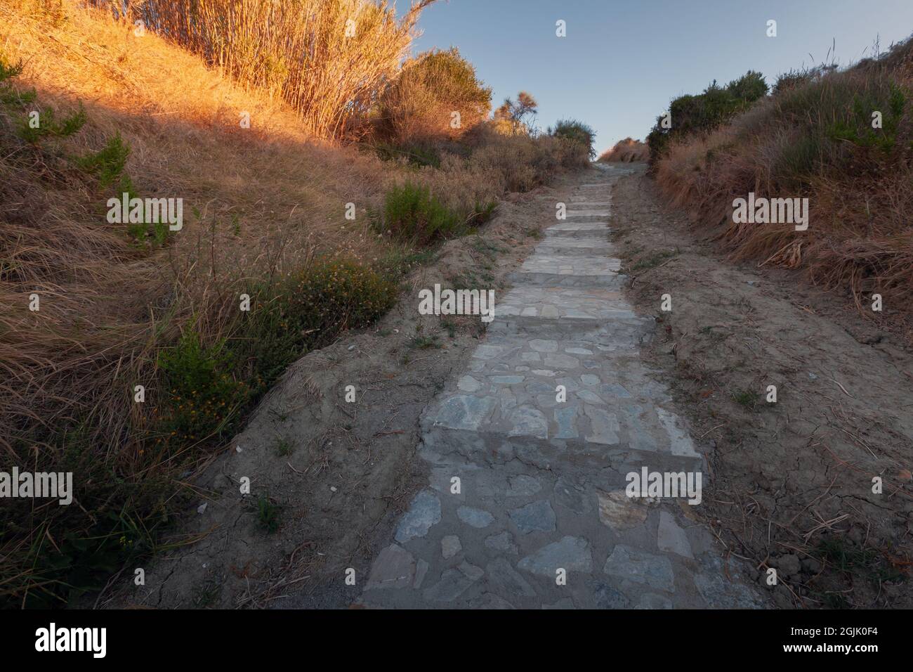 Cobbled walkway perspective, stone stairs going up over morning ...