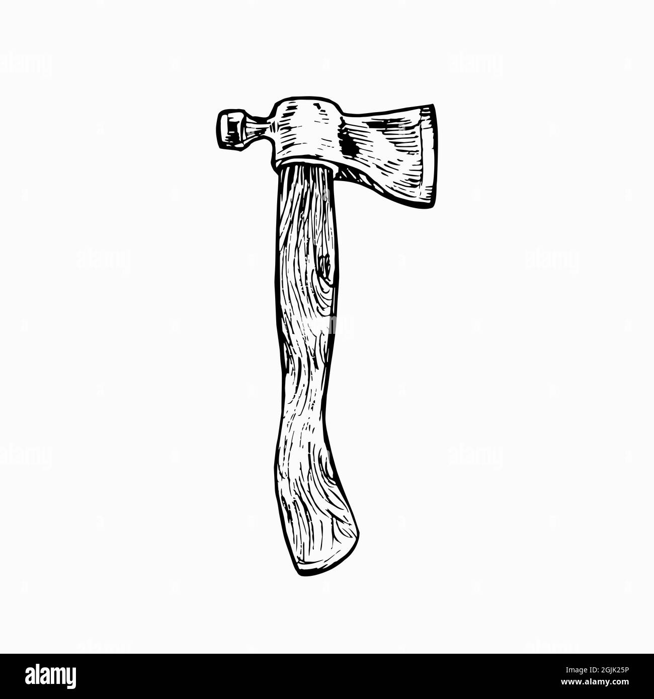 Axe with wooden handle, gravure style hand drawn vector outline ...