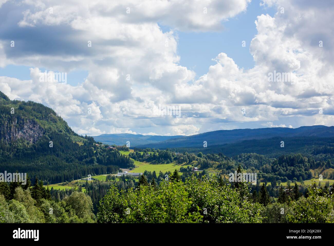 Beautiful landscape in Norway with fjords, trees and beautiful sky ...