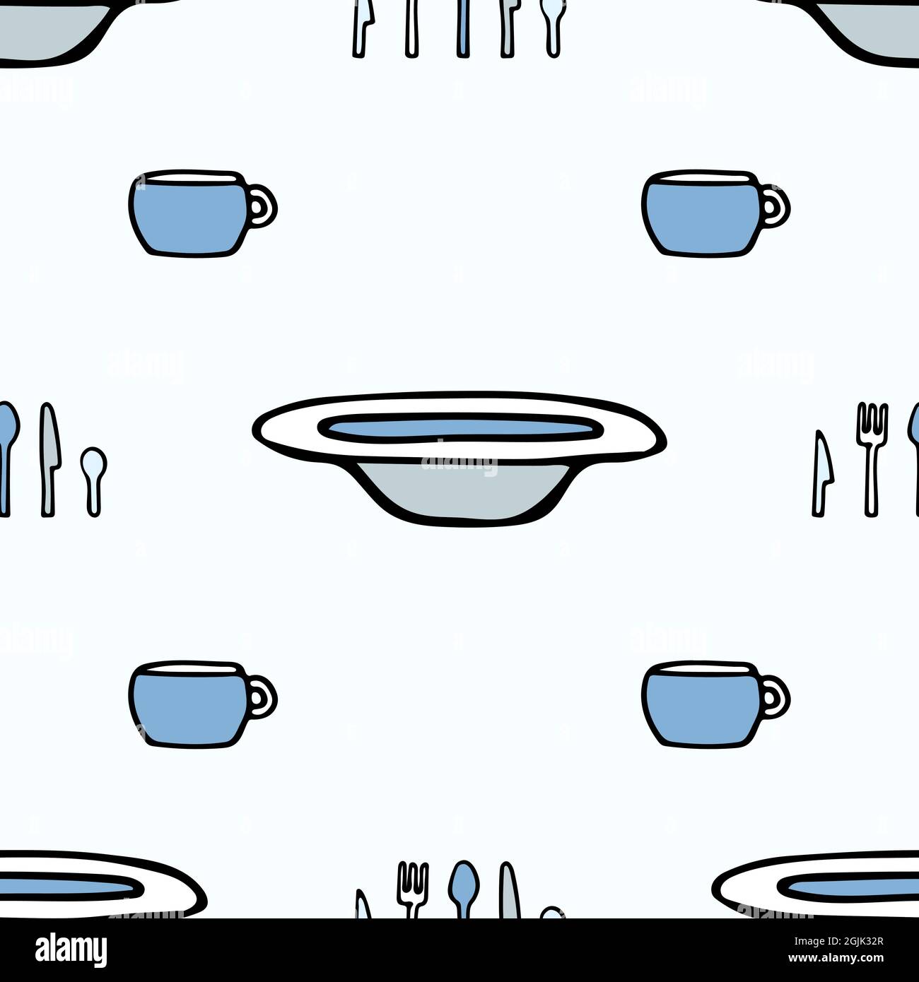 Pattern with kitchen utensils on a white background and lettering ...