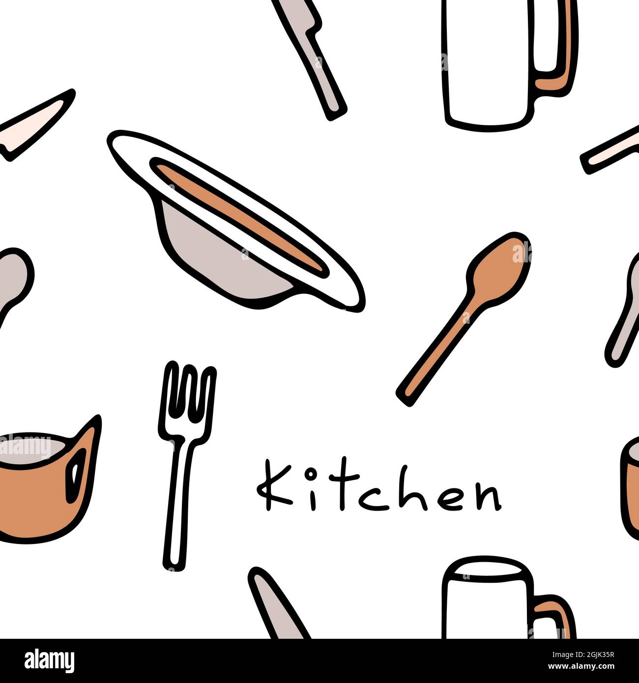 Pattern with kitchen utensils on a white background and lettering ...