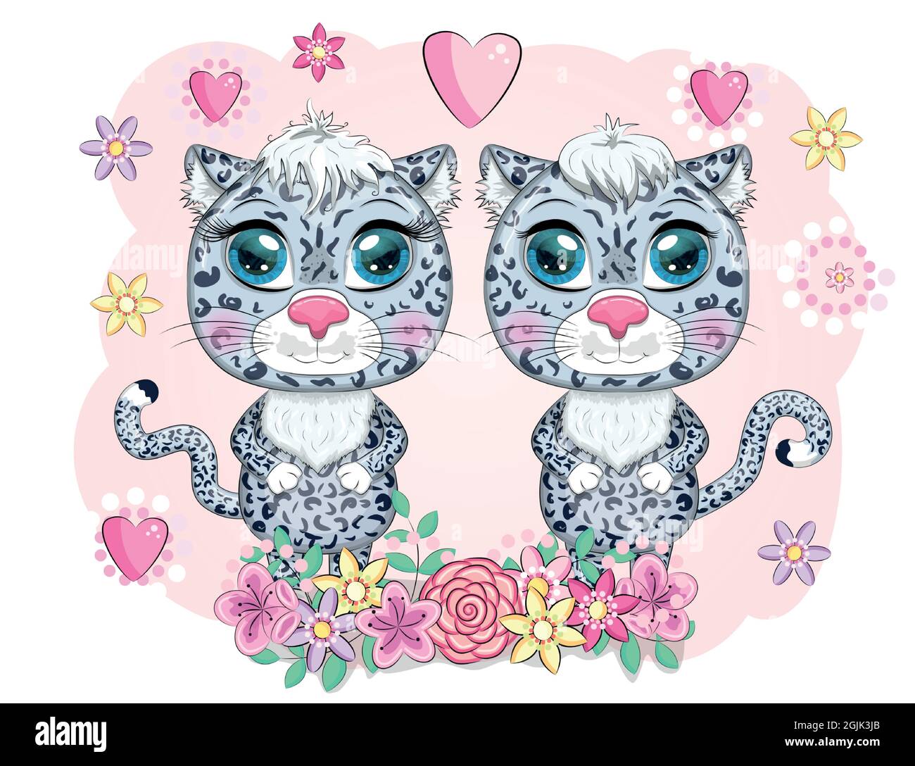 Cartoon snow leopard couple with expressive eyes among flowers, hearts ...