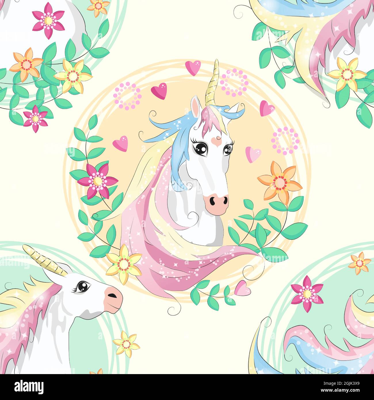 pattern with cute unicorns, clouds,rainbow and stars. Magic background ...
