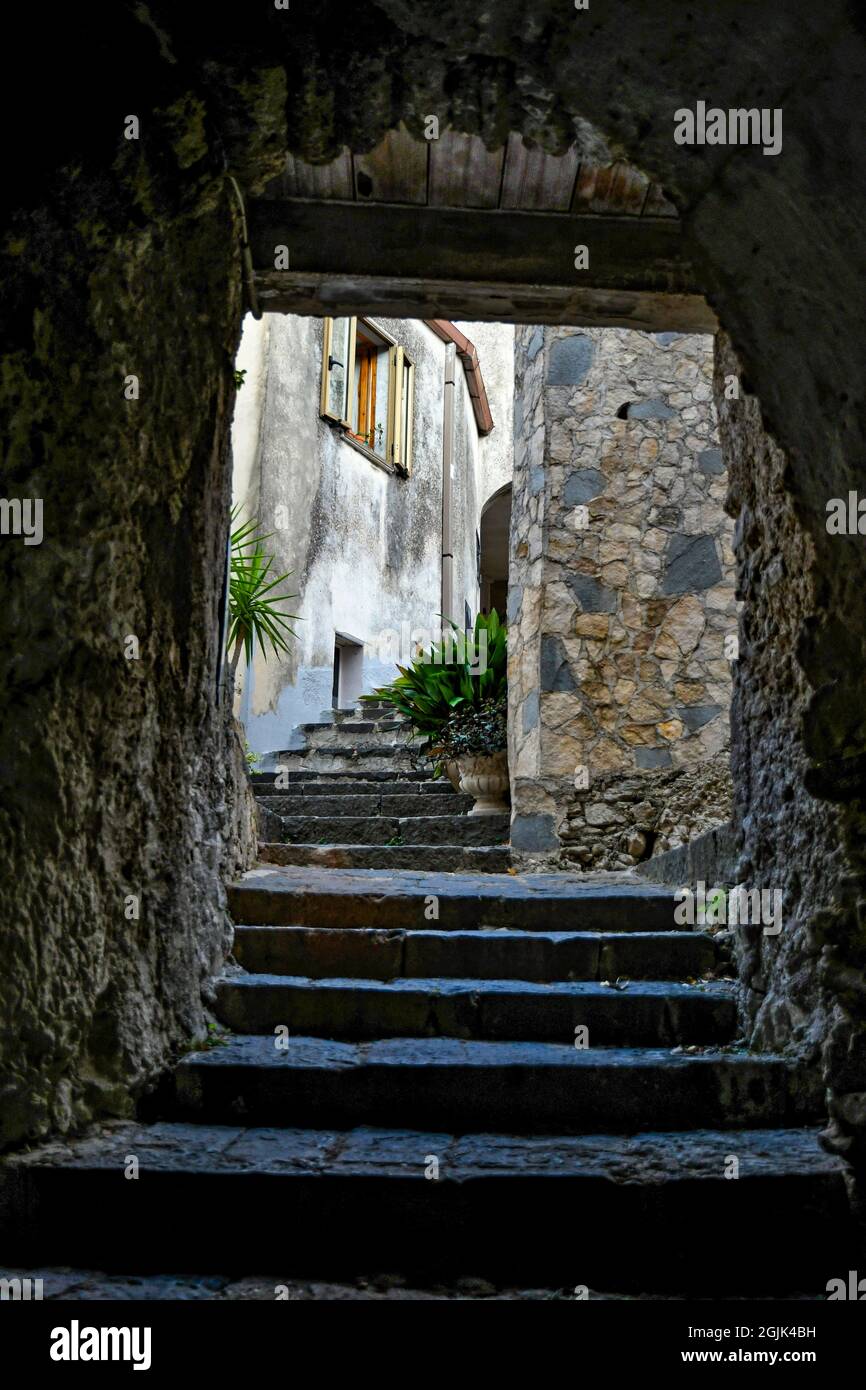 A narrow street in Contursi, an old town in the province of Salerno ...