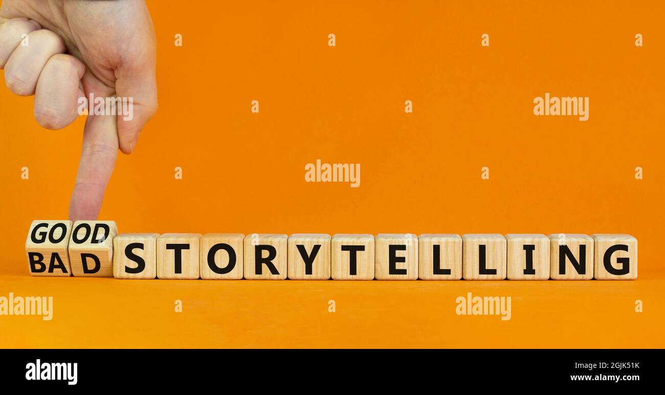 Good or bad storytelling symbol. Businessman turns wooden cubes ...