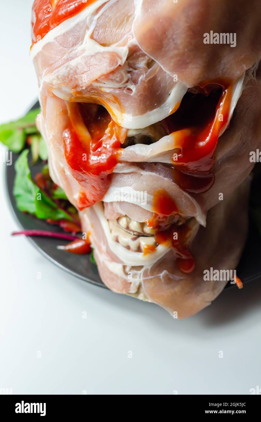 Creatively prepared food in the shape of a scary skull, a fun and ...