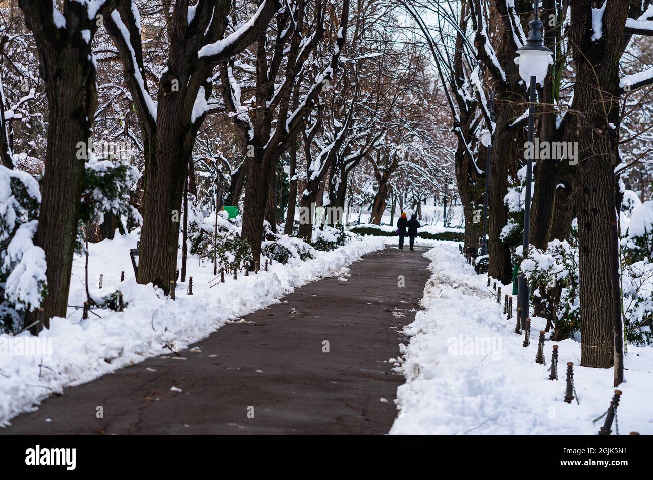 Walking on snowy trail in Bucharest, Romania, 2021. Snow on streets ...