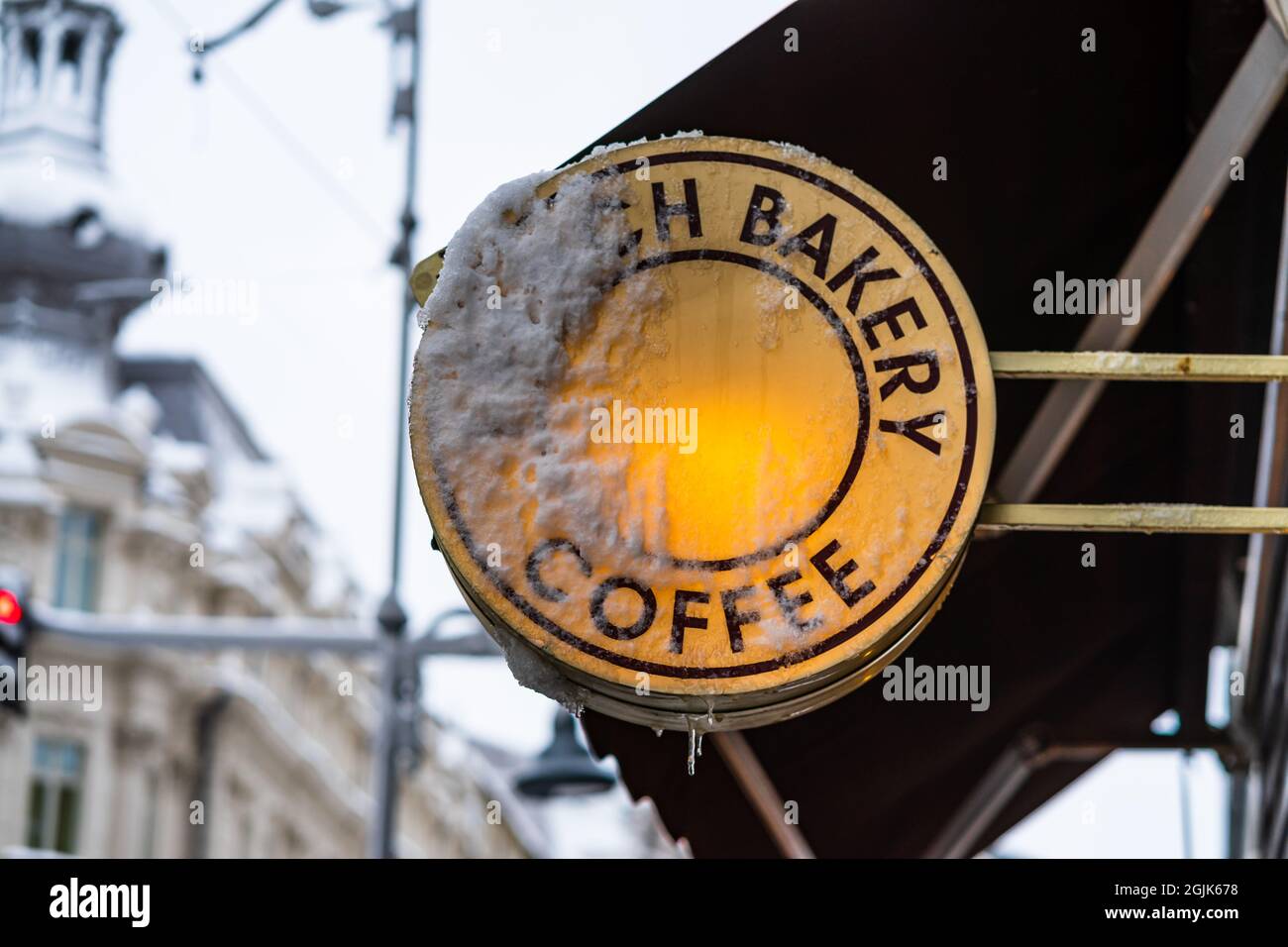 Snowy logo of a french bakery in Bucharets, Romania, 2021 Stock Photo ...