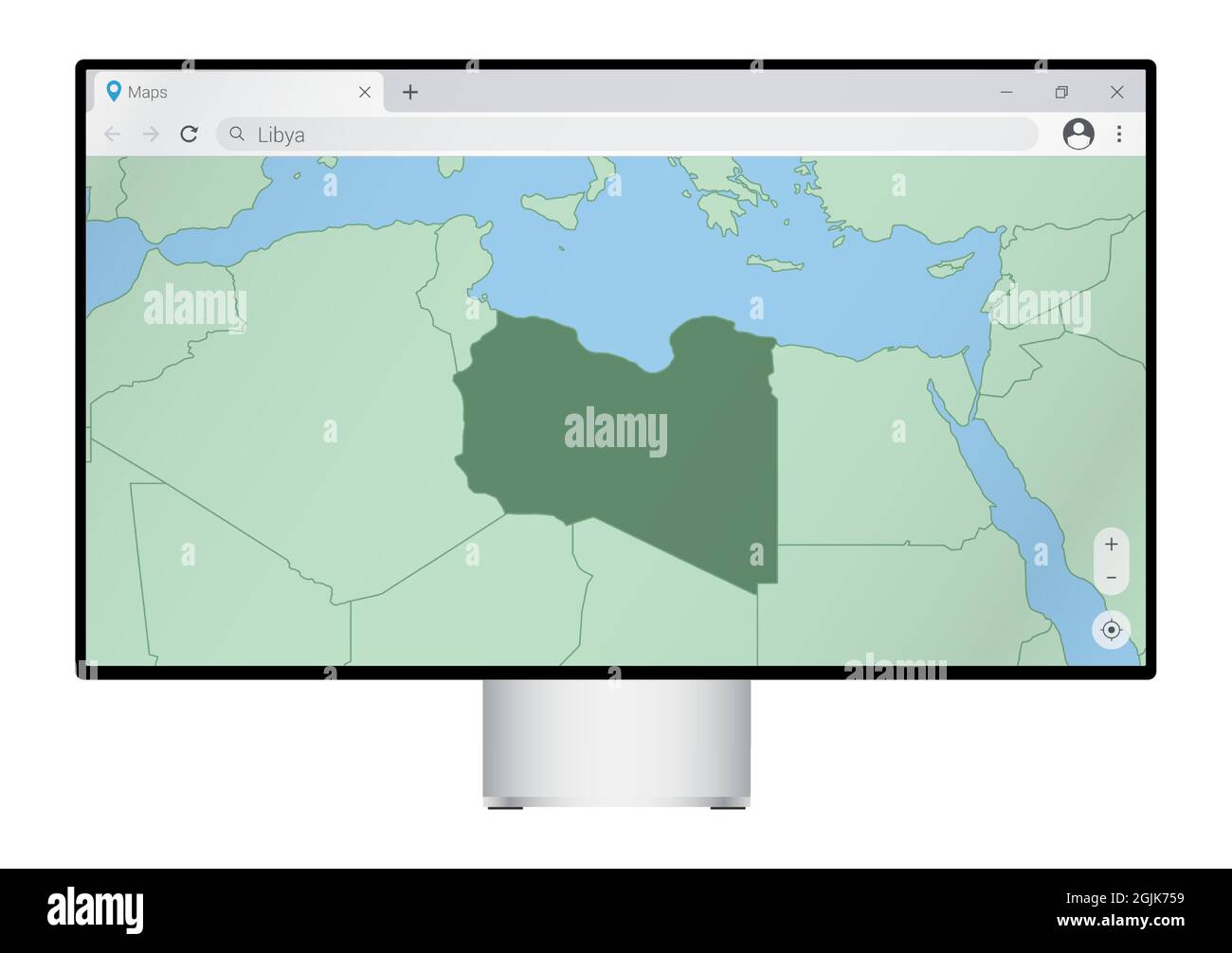 Computer monitor with map of Libya in browser, search for the country ...