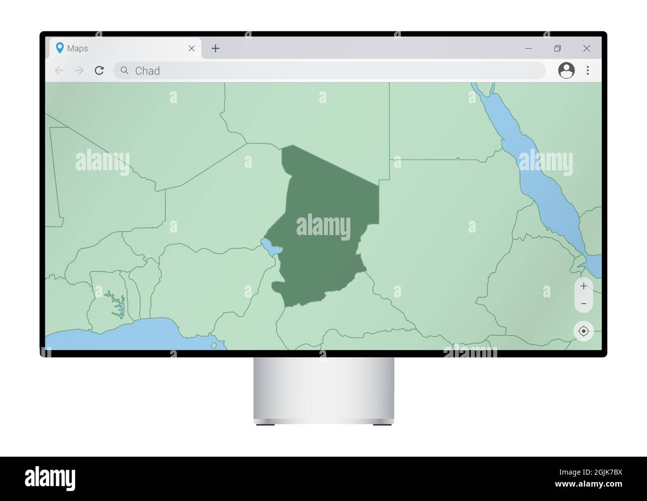 Computer monitor with map of Chad in browser, search for the country of ...