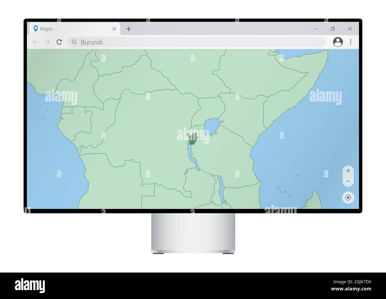 Computer monitor with map of Burundi in browser, search for the country ...