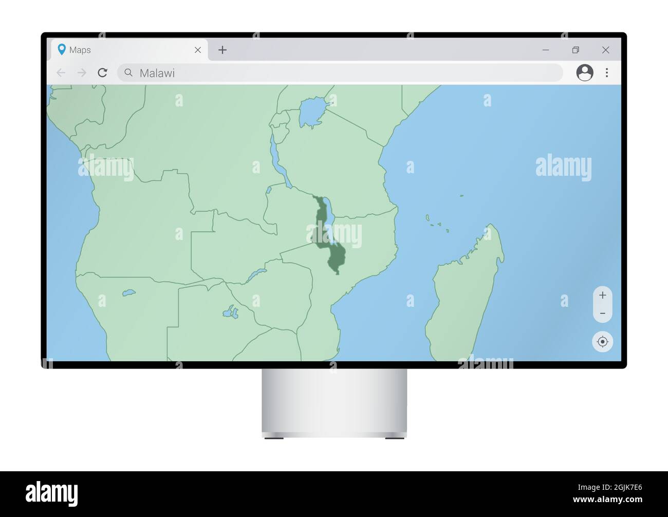 Computer monitor with map of Malawi in browser, search for the country ...