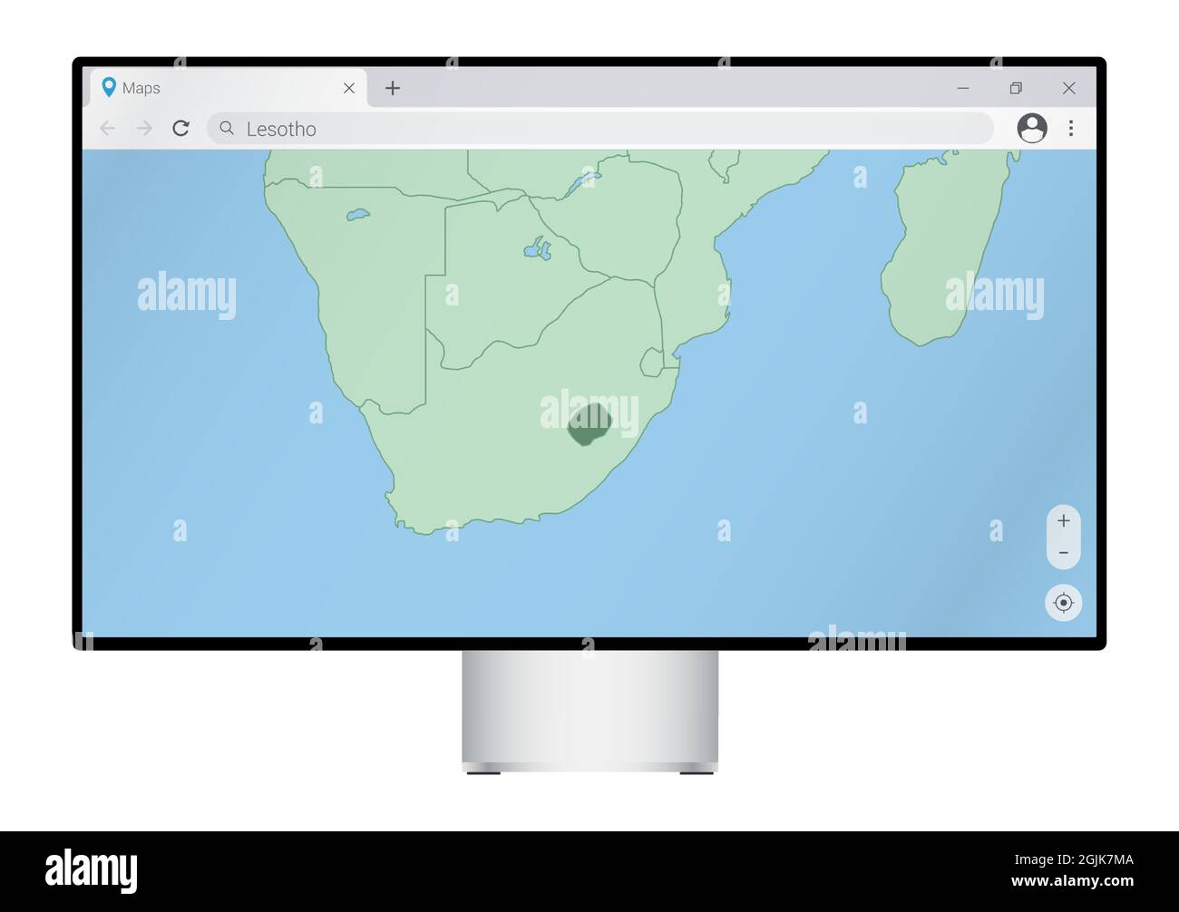 Computer monitor with map of Lesotho in browser, search for the country ...