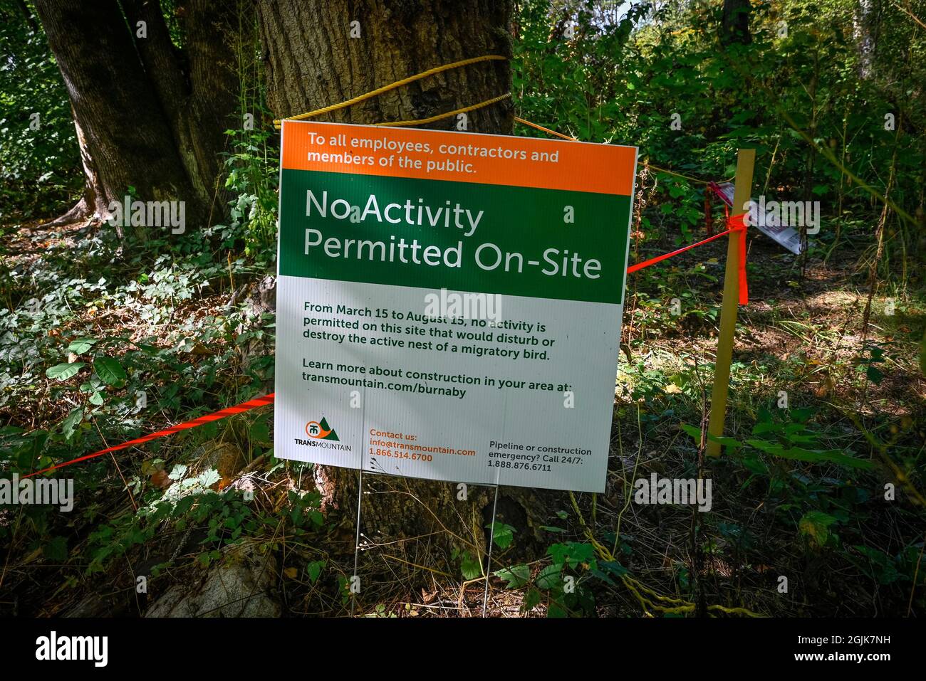 No activity permitted sign, because of migratory bird nests, Burnaby ...