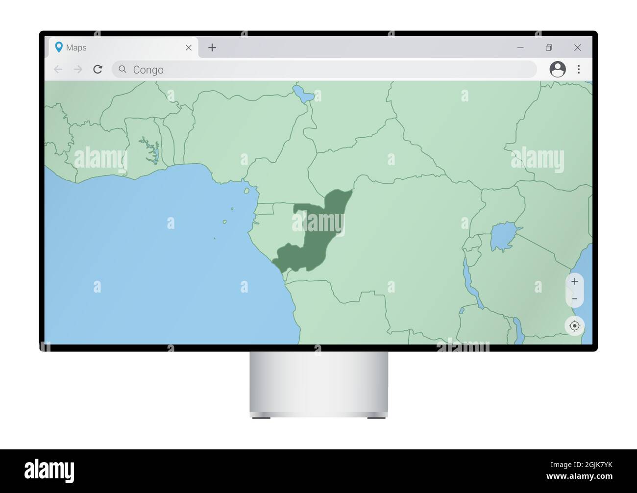 Computer monitor with map of Congo in browser, search for the country ...