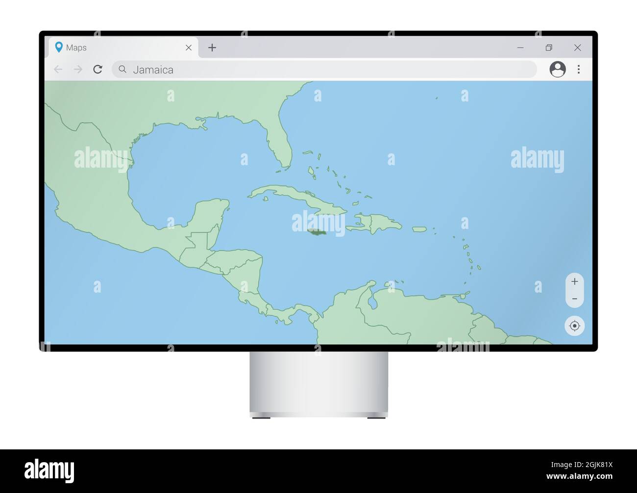 Computer monitor with map of Jamaica in browser, search for the country ...