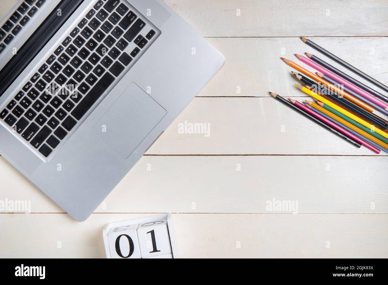 Flat lay mockup study table, computer keyboard and stationery Stock ...