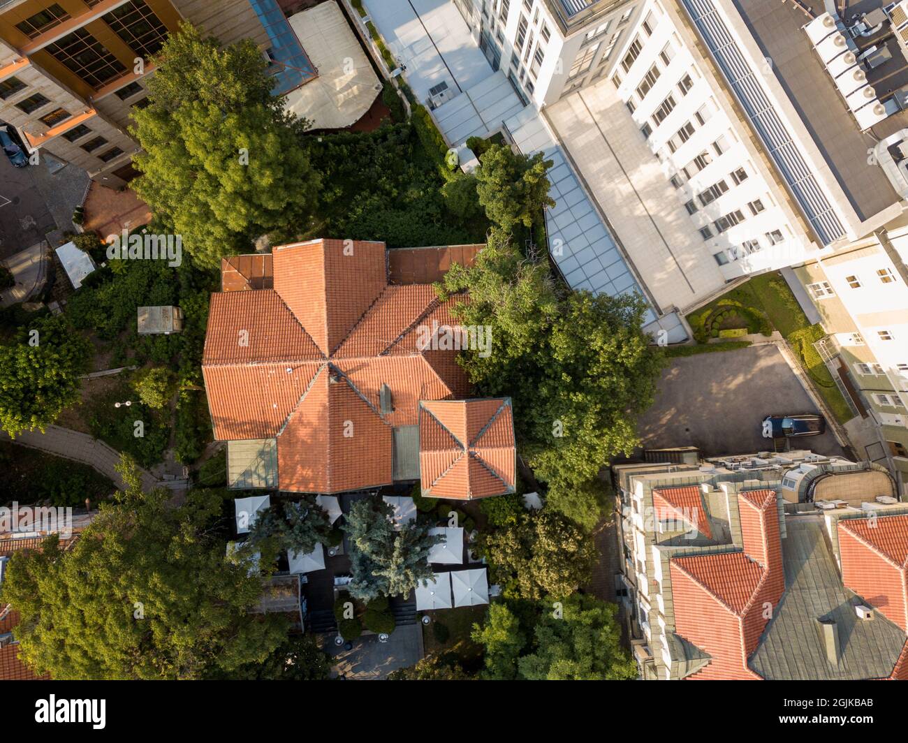 Bird's eye view of the roofs of residential buildings in a city Stock ...