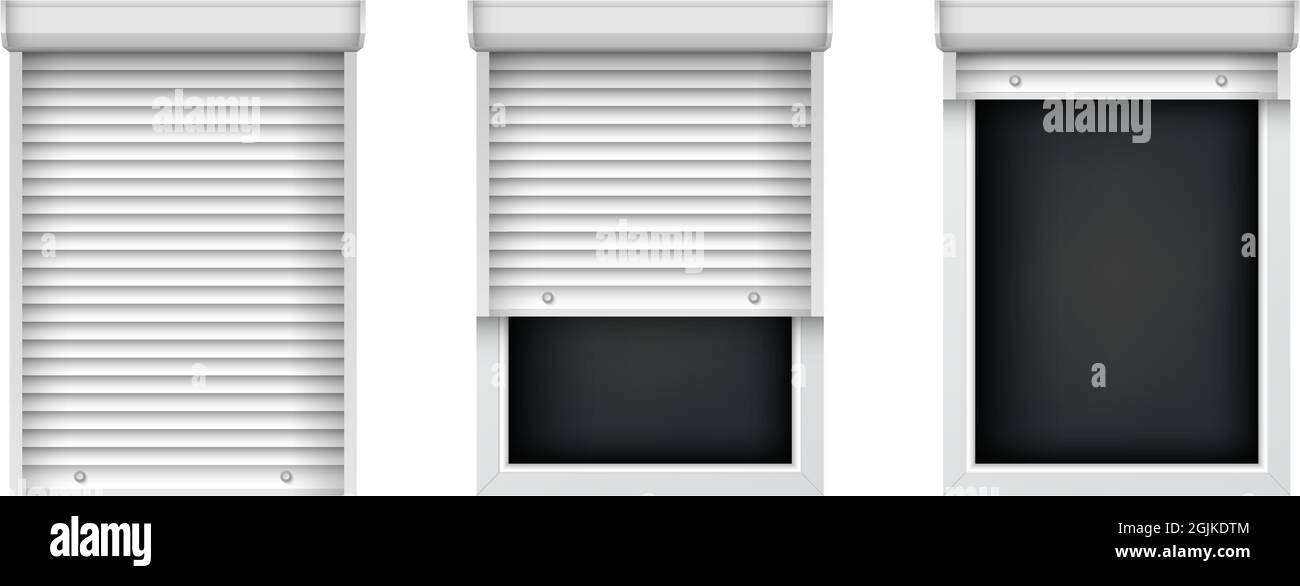 Set of plastic windows with blinds. Realistic roller shutters for glass ...