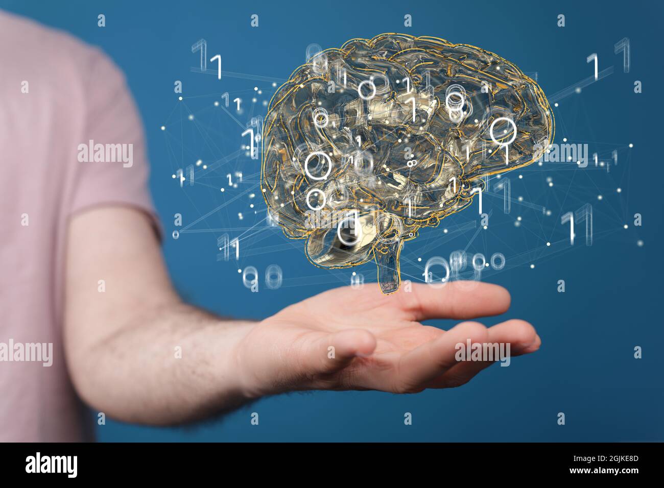 Shot of digital brain testing results with scattered bits over a human ...