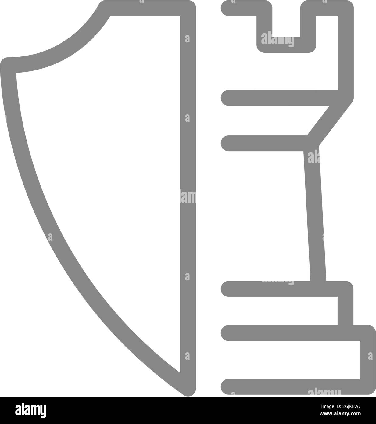 Protective shield with rook, chess pieces line icon. Security game ...